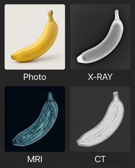 A Banana Through the Scanner: One Object, Three Imaging Modalities
